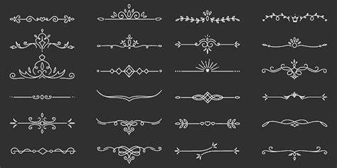 텍스트 구분 기호에 대한 낙서 집합입니다 결혼식 장식 요소 칸막이 장식 테두리 빈티지 라인 칸막이 검은 어두운 배경에 손으로