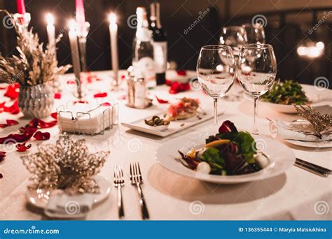 Romantic Table Setting With Wine Beautiful Flowers In Box Empty