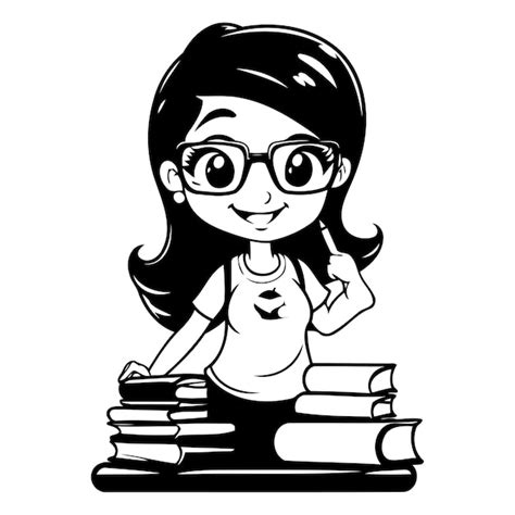 Милая девочка сидит на стоге книг Векторная иллюстрация Премиум Ai