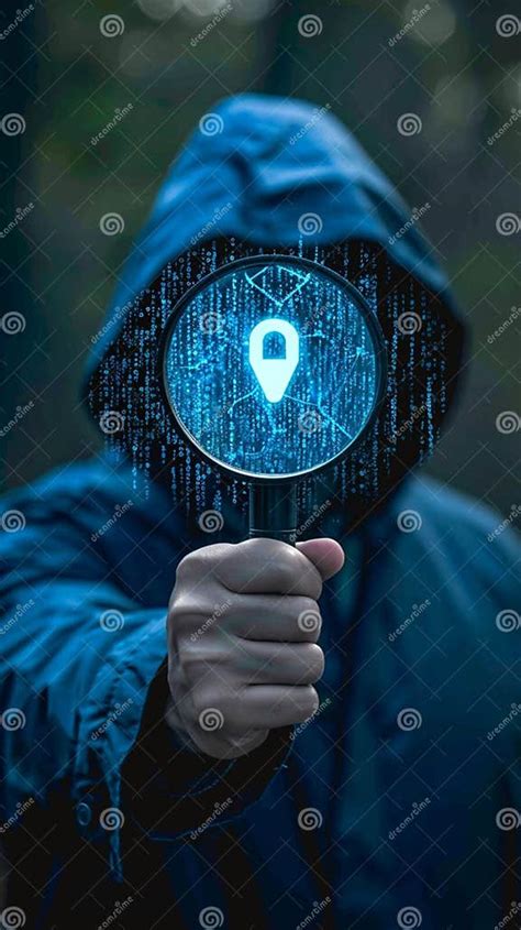 Data Breach Threat Hacker With Magnifying Glass Signifies Potential Cyber Attacks Stock