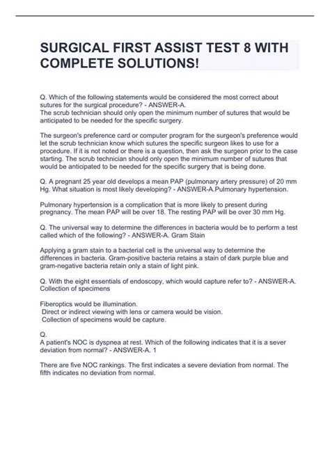 Surgical First Assist Test 8 With Complete Solutions Surgical First