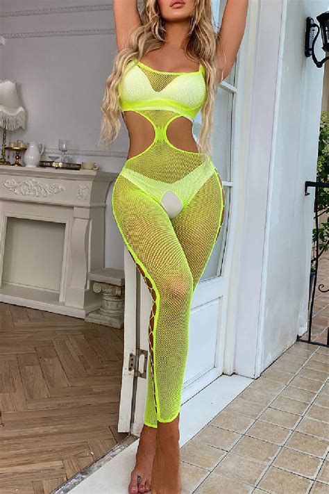 Wholesale Fluorescent Yellow Sexy Living Solid Hollowed Out See Through