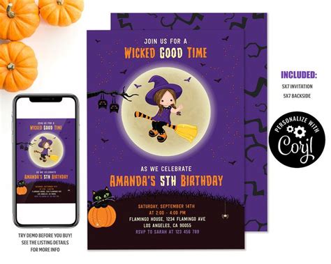 Editable Halloween Witch Birthday Invitation Halloween Invitation Girl