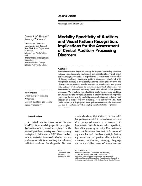 Pdf Modality Specificity Of Auditory And Visual Pattern Recognition Implications For The