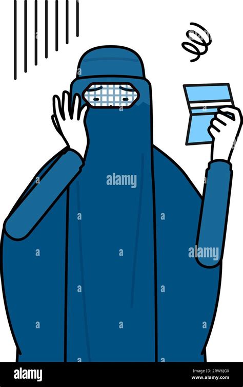 Muslim Woman In Burqa Looking At Her Bankbook And Feeling Depressed