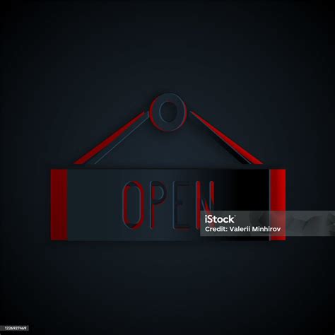 종이 잘라 텍스트와 행잉 기호 검은 색 배경에 격리 문 아이콘을 엽니 다 종이 아트 스타일입니다 벡터 일러스트레이션 3차원 형태에 대한 스톡 벡터 아트 및 기타 이미지