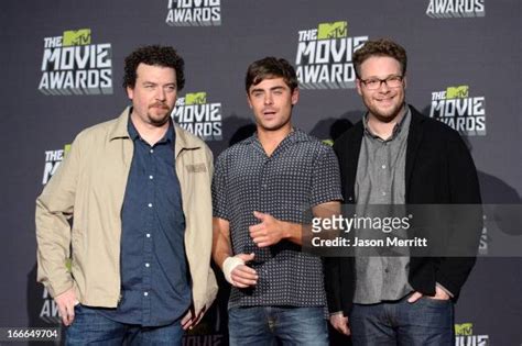 Actors Danny Mcbride Zac Efron And Seth Rogen Pose In The Press Room
