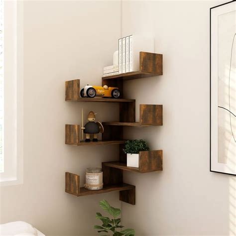 A Corner Shelf In The Corner Of A Room With A Potted Plant Next To It