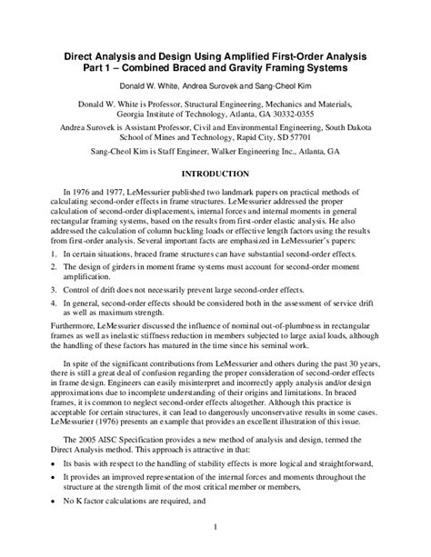 Pdf Direct Analysis And Design Using Amplified First Order Analysis Part 1 Combined Braced