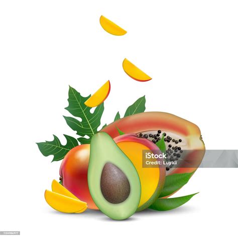 3d 승진 배너 현실적인 망고 아보카도 떨어지는 조각 비타민 나뭇잎 파파야 아이스크림 요구르트 주스 브랜드 광고 레이블 포스터 템플릿입니다 망고에 대한 스톡 벡터 아트 및