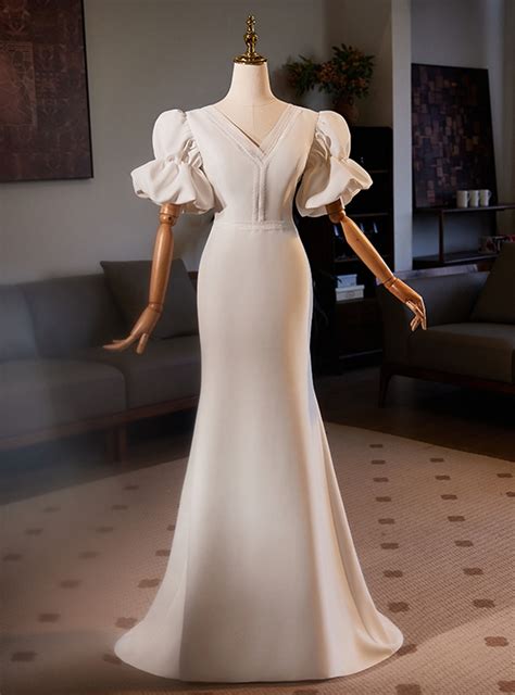 White Deep V Neck High Neck Short Sleeve Wedding Dress