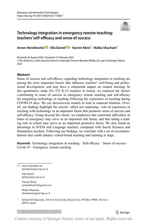 Technology Integration In Emergency Remote Teaching Teachers Self Efficacy And Sense Of