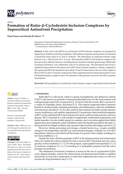 Pdf Formation Of Rutin β Cyclodextrin Inclusion Complexes By