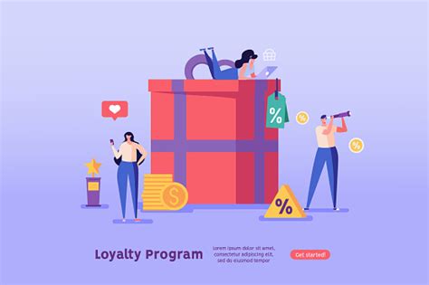로열티 프로그램에 참여하는 행복한 고객 선물로 보상 프로그램에 있는 사람들 쇼핑 로열티 프로그램 결제 카드 할인의 개념 Ui 웹 배너 모바일 앱에 대한 벡터 일러스트레이션