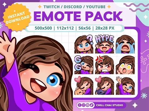 Twitch Emotes Pack Of Chibi Girl Emotes With Brown Hair Blue Eyes And Ivory Skin Tone