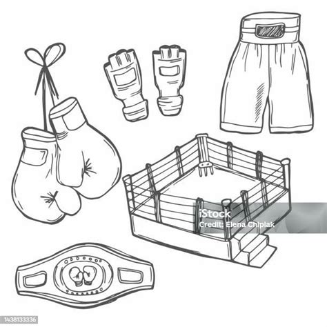 낙서 벡터 세트 복싱 스포츠 장비 및 탱크탑 트렁크 격투 장비 장갑 벨트 스피드 백 등과 같은 물체 흑백 선 그림 권투 글러브에 대한 스톡 벡터 아트 및 기타 이미지