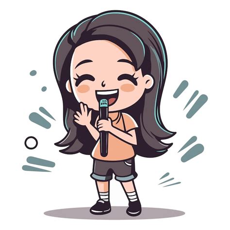 Una Niña Linda Cantando Karaoke Al Estilo De Las Caricaturas Vector