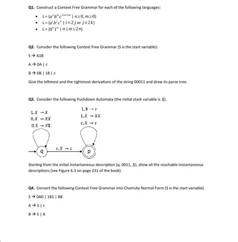 q1 construct a context free grammar for each of the following languages