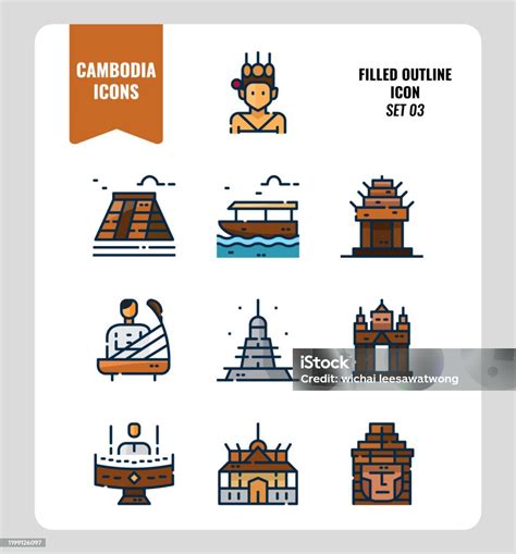 캄보디아 아이콘 세트 3 랜드마크 음악 사람 문화 등을 포함합니다 채워진 윤곽선 아이콘 디자인입니다 벡터 일러스트레이션 개념에 대한 스톡 벡터 아트 및 기타 이미지 Istock