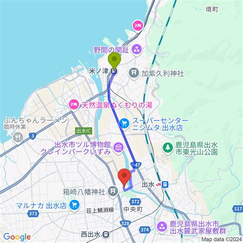 米ノ津駅からマルマエホール出水（出水市文化会館）へのルートマップ Mdata