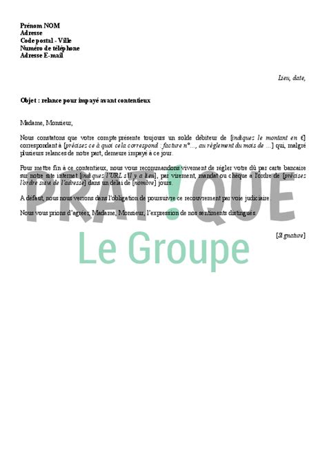 Lettre De Relance Pour Impayé Avant Contentieux Pratiquefr