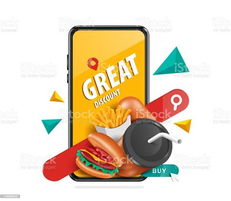 스마트 폰의 노란색 화면에 패스트 푸드 검색 창 및 구매 주문 버튼 음식 배달 벡터와 함께 큰 할인 텍스트 표시 3차원 형태에