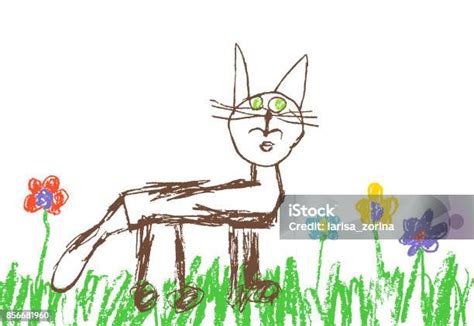 어린이 손으로 그려진된 재미 있는 귀여운 고양이 처럼 푸른 잔디와 꽃에 왁 스 크레용 아이에 대한 스톡 벡터 아트 및 기타 이미지 아이 어린이 그림 드로잉 Istock