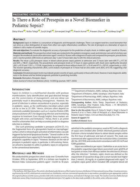 Presepsin Article Dr Daisy Khera Pdf Sepsis C Reactive Protein