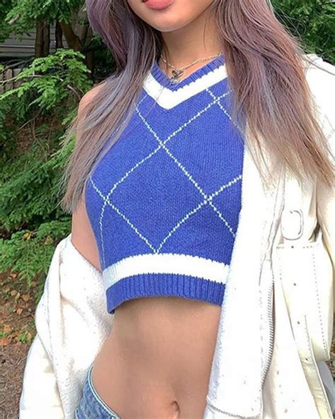 Emmiol Free Shipping 2023 Argyle Plaid Vintage Sweater Vest Blue S In
