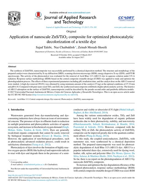 Pdf Application Of Nanoscale Znstio2 Composite For Optimized Photocatalytic Decolorization Of