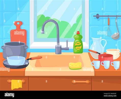 Clean Shiny Dishes In Kitchen Sink Cartoon Interior Vector