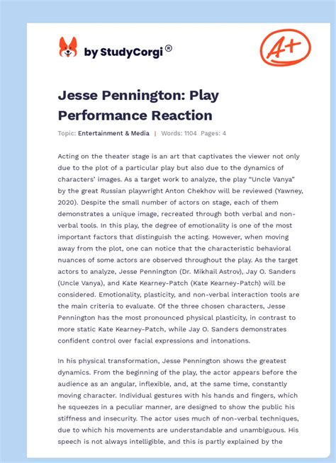 Jesse Pennington Play Performance Reaction Free Essay Example