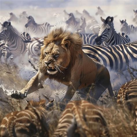 Lion Attacking Zebras Premium Ai Generated Image