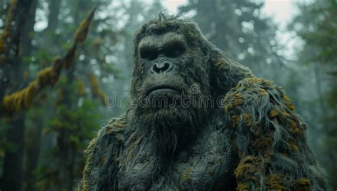 A Large Gorilla Sits In The Forest Surrounded By Trees And Grass Stock