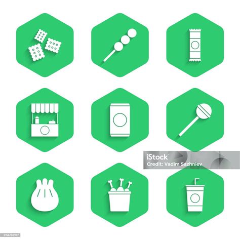 세트 소다는 밀짚 포장 상자에 있는 닭 다리 서류상 유리 막대 사탕 도마에 Khinkali 거리 마구간 차일 초콜렛 막대기 및 크래커 건빵 아이콘 할 수 있습니다 벡터 3