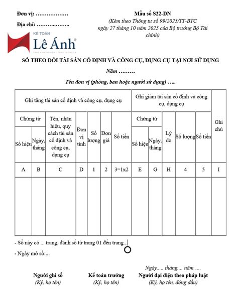 Mẫu Sổ Theo Dõi TscĐ Và Công Cụ Dụng Cụ Tại Nơi Sử Dụng Theo Tt 992025tt Btc