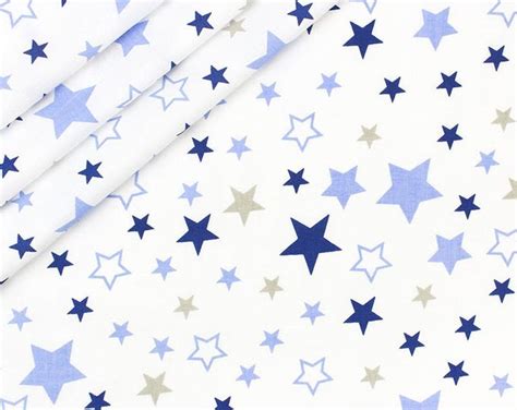 Cotton Fabric By The Yard Blue And Gray Stars On White Nursery Star