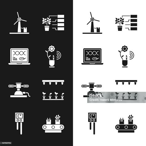 스마트 농업 기술 유전 공학 수정 풍력 터빈 꽃 분석 자동 관개 스프링클러 상자가있는 컨베이어 벨트 및 온도 및 습도 센서 아이콘을 설정합니다 벡터 Dna에 대한 스톡 벡터