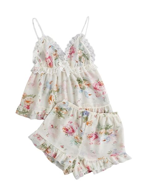 Oyoangle Womens 2 Piece Floral Print Lace Spaghetti Strap Cami Top And