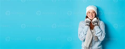 Winter And Holidays Concept Cute Redhead Girl In White Beanie And