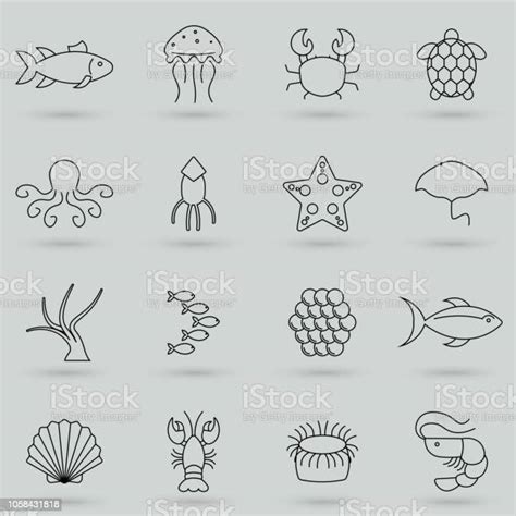 바다 식품의 간단한 세트 관련 벡터 라인 아이콘 새우 굴 오징어 게 등으로 같은 아이콘을 포함 되어 있습니다 평면 디자인 거북이에 대한 스톡 벡터 아트 및 기타 이미지
