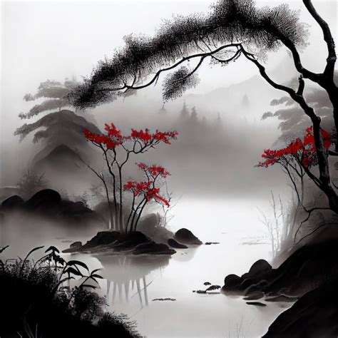 Pintura De árboles Rojos Y Un Río Al Estilo Del Paisaje Tradicional