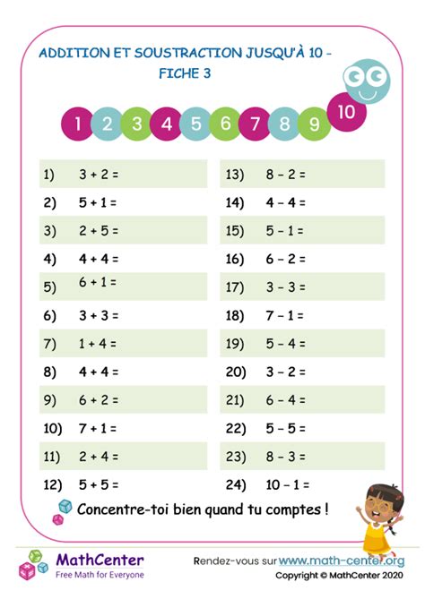 Grande Section Fiches De Travail Addition à Un Chiffre Math Center