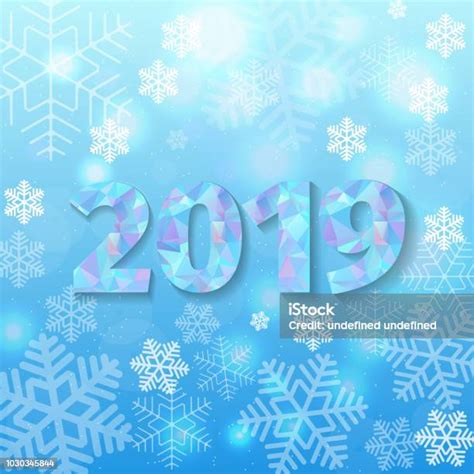 2019 해피 뉴가 어 밝은 파란색 배경에 눈송이입니다 새 해 2019 인사말 카드입니다 파란색 숫자와 눈송이 배경입니다