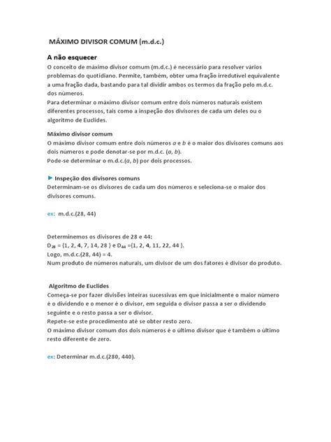 Máximo Divisor Comum Pdf Número Primo Fração Matemática