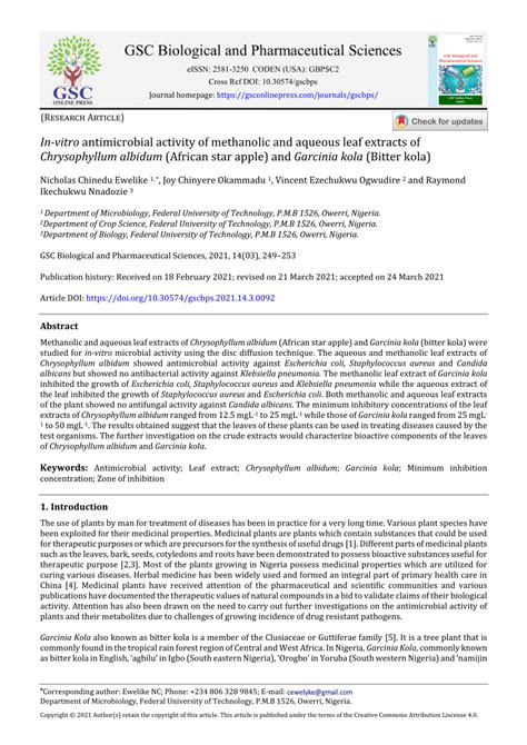 Pdf In Vitro Antimicrobial Activity Of Methanolic And Aqueous Leaf Extracts Of Chrysophyllum
