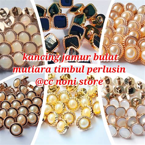 Jual Kancing Baju Mutiara Timbul Bulat Jamur Metalik Mewah Aneka Motif