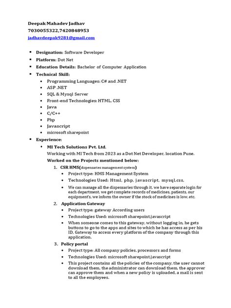 Resume Deepak Jadhav Net Developer Pdf My Sql C Sharp Programming Language