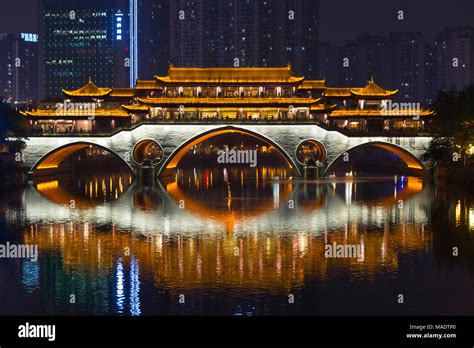 Night View Of Anshun Bridge With Reflection In Jin River Chengdu