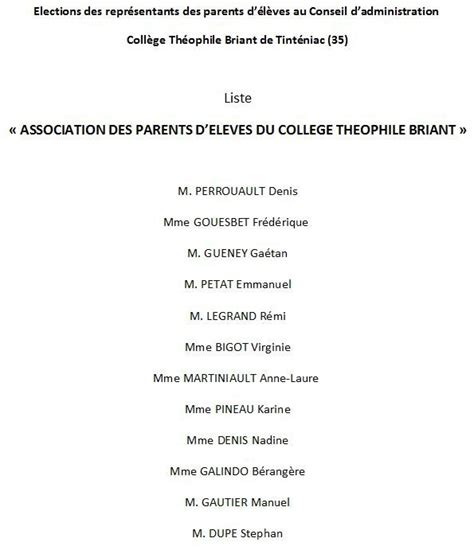 Elections des représentants des parents d élèves au conseil d administration la liste A P E